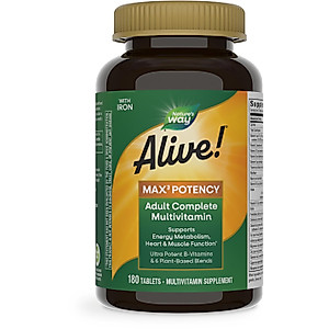 Nature's Way Alive! Max3 Potency Adult Complete Multivitamin, Ultra Potency B-vitamins to Support Energy Metabolism*, with Methylated B12 and Folate, 180 Tablets (Packaging May Vary)