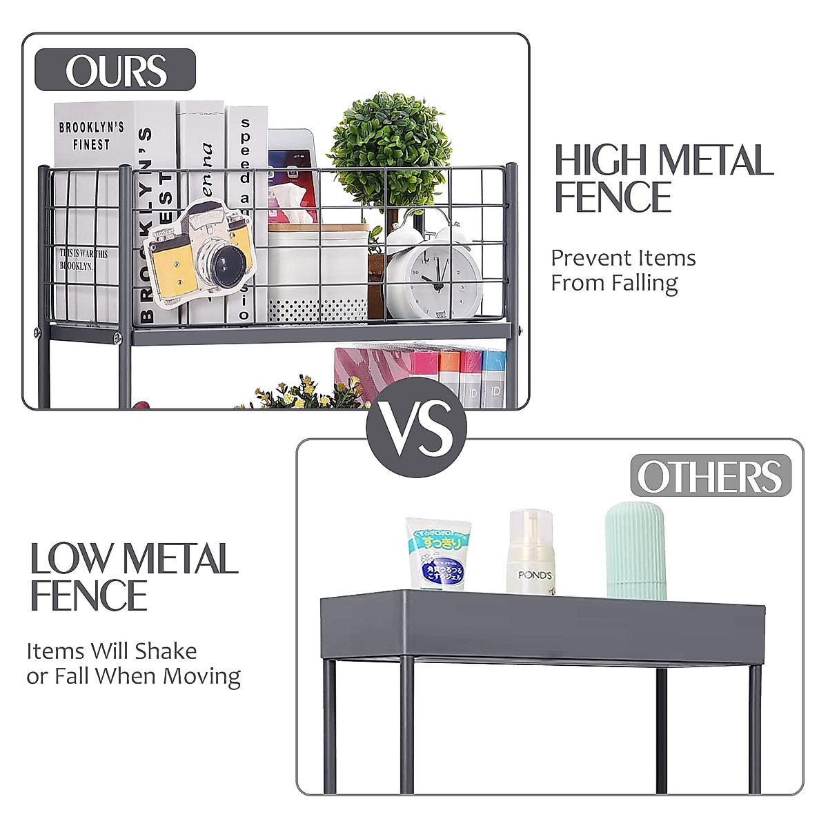 KINGRACK Slim Storage Rolling Cart, 3-Tier Metal Utility Cart with Wheels, Rolling Storage Cart, Skinny Storage Rolling Cart, Storage Trolley Cart for Office Kitchen Bathroom Narrow Place, Grey