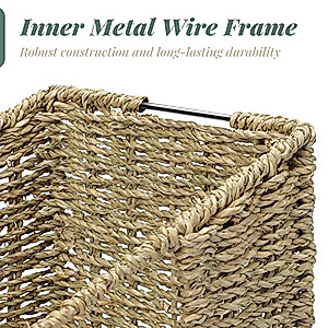 LOVSTORAGE Seagrass Wicker Storage Baskets, Hand-Woven Shelf Baskets with Handles, Nesting Wicker Basket Sets Woven Storage Baskets for Shelves, 3-Pack