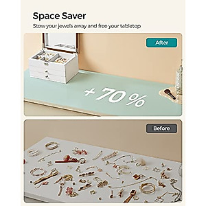 SONGMICS Jewelry Box, 3-Tier Jewelry Organizer Box, Locking Jewelry Case with Large Mirror, 2 Drawers, Gift Idea, for Rings, Earrings, Bracelets, Necklaces, White and Wood Grain Color UJOW15WN