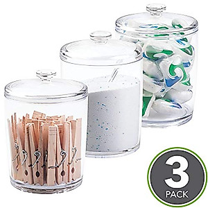 mDesign Plastic Laundry Shelf Storage Organizer Jar Holder Set for Laundry Room Storage - Holds Detergent Powder, Pods, Clothes Pins, Dryer Sheets, Scent Boosters - 3 Pack - Clear