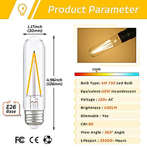Dimmable E26 T10 LED Bulb Long Tube Light Bulb,Type T Tubular Light Bulbs for Curio Cabinet,Piano Light,Chandelier ,Wall Sconces,4W(40W Equivalent) AC120V Warm White 2700K 400LM CRI 90,Pack of 2