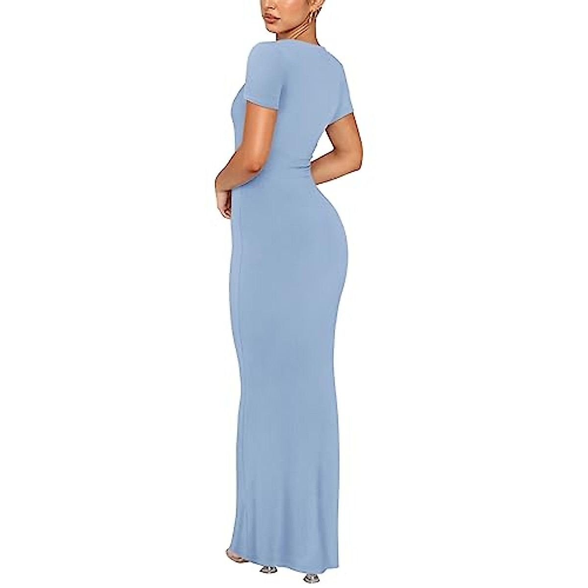 REORIA Women's Summer Sexy Casual Lounge Long Dress Elegant Wedding Guest Short Sleeve Crew Neck Bodycon Maxi Dresses Blue Small