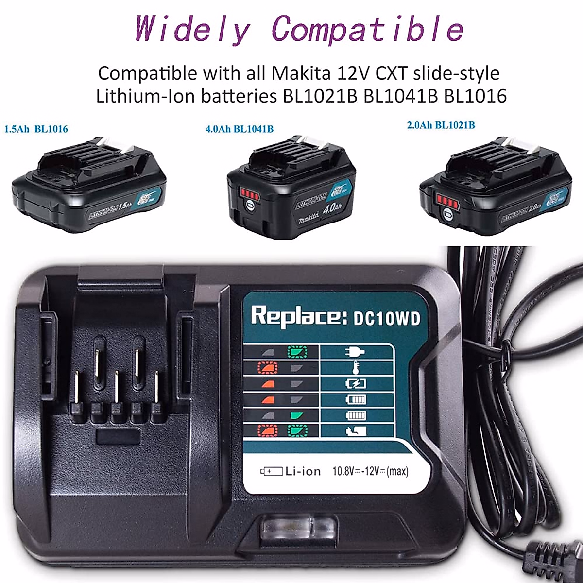 Padarsey Replacement DC10WD Lithium Battery Fast Charger for Makita DC10SB DC10WC BL1015 BL1016 BL1015 BL1021B BL1041B 10.8V -12V US Plug 1.3A 2A 3A LED Indicate