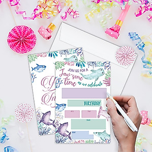 JioJio Chan Shark Attack Birthday Invitation Cards Shark Theme Party Invite Pool Birthday party Invitations Pool Birthday Party Supplies for kids, Shark Tastic, 20 Invitations and Envelopes (J571)