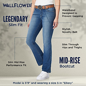 WallFlower Women's Legendary Slim Bootcut Mid-Rise Belted Insta Stretch Juniors Jeans (Standard and Plus), Eden, 9