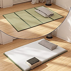 Mjkone Japanese Tatami Mattress, Igusa Mat (100% Japanese Rush Grass) Tatami Mat, Folding Japanese Floor Sleeping Mattress with Non-Slip Breathable Memory Foam for Sleeping/Yoga/Relaxing (Queen)