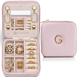 Vlando Valentines Day Gifts for Her, Bridesmaid Gifts for Women, Bridesmaid Proposal Gifts Unique Gifts, Wedding Travel Essentials Small Jewelry Box, Travel Jewelry Case - Letter G, Pink