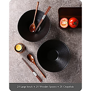 Lareina Ceramic Japanese Ramen Bowls, 2 Sets (6 Piece) 60 Ounce, Large Noodle Soup Bowl with Matching Chopsticks and Spoons for Asian Pho Udon Soba, Matting Black
