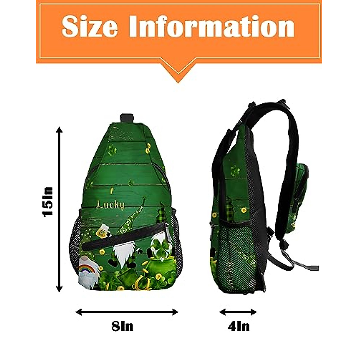 Sling Backpack, St.Patrick's Day Shamrocks Gnome Green Wood Grain Waterproof Lightweight Small Sling Bag, Travel Chest Bag Crossbody Shoulder Bag Hiking Daypack for Women Men