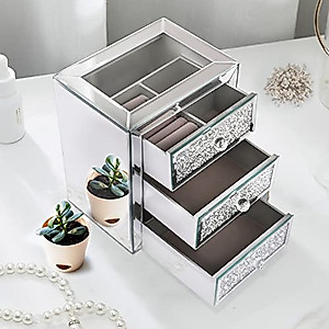 MOMNGNE Mirrored Glass Jewelry Box with 3 Drawer, Multi-layer Crushed Diamond Glass Mirrored Jewelry Box for Women,Mothers Day Gift