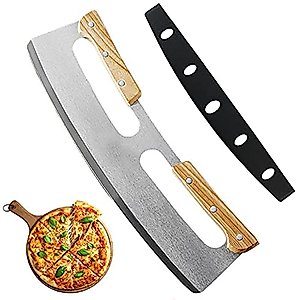 14 Inch Pizza Cutter, Mezzaluna Chopper, Mezzaluna Salad Chopper, Pizza Cutter Rocker Knife With Wooden Handle, Large Pizza Knife Tool…
