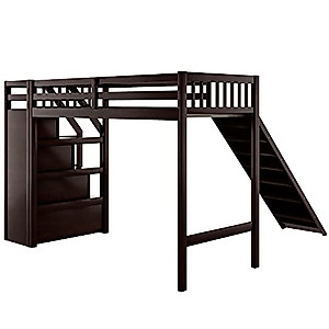 MOEO Twin Size Loft Bed with Slide & 3 Storage Staircase for Kids Bedroom,Sturdy Wood Bedframe, High Guardrail Design, No Box Spring Needed, 78.4" L×97.3" W×61.4" H, Espresso