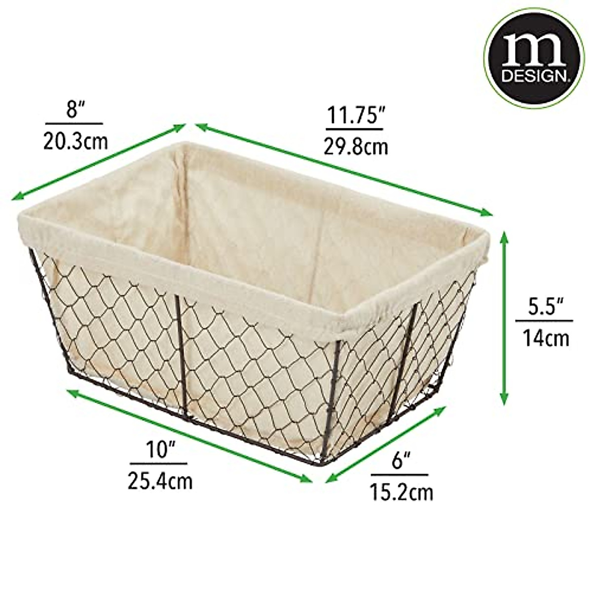 mDesign Medium Metal Farmhouse Home Storage Organizer Basket - Chicken Wire Design, Fabric Liner for Kitchen, Bathroom, Living Room, Pantry, Cupboard, Shelves, Countertop - 4 Pack - Bronze/Natural