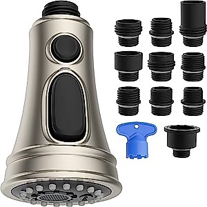 Hibbent Kitchen Faucet Head Replacement, Pull Down Faucet Spray Head, 3 Function Faucet Sprayer Nozzle with 10 Adapters Compatible with Moen, American Standard, Delta, Kohler Faucets, Brushed Nickel