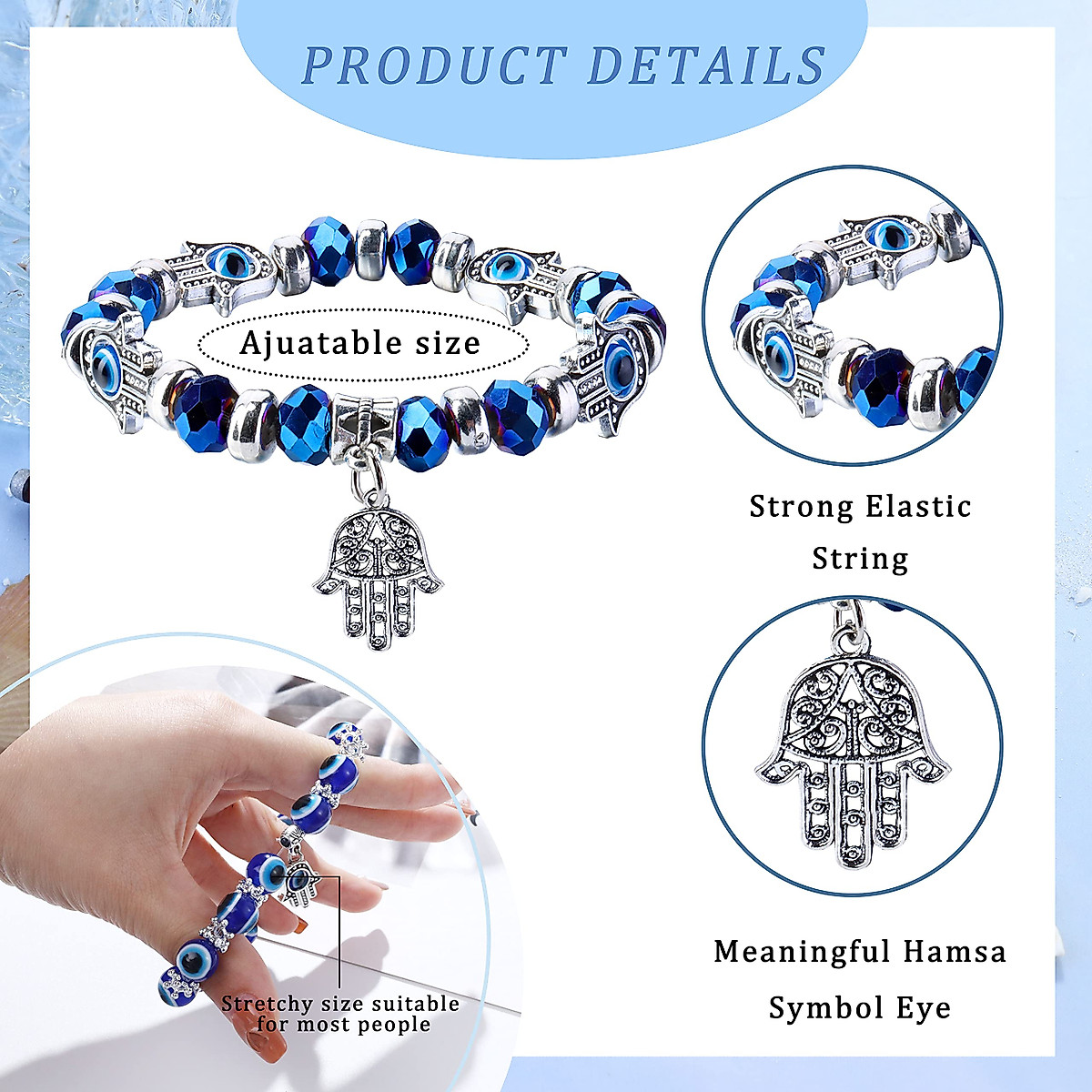 Sanfenly 10Pcs Evil Eye Bead Bracelet for Women Men Hamsa Hand Fatima Blue Eye Chakra Beaded Charm Stretch Bracelet Turkish Evil Eye Good Luck Protection Bracelet Evil Eye Jewelry Gift