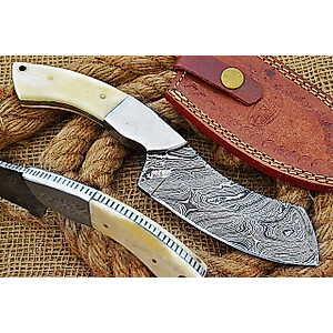 HUNTEX Handmade Hand-Forged Twist Pattern Damascus Steel 9 Inch Long Full Tang Natural Camel Bone Handle Razor Sharp Hunting Camping Cleaver Knife w/Genuine Leather Sheath