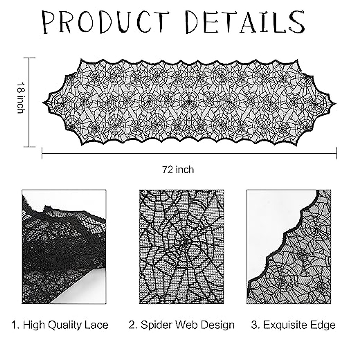 Halloween Table Runner Spiderweb Black Lace Table Runner Halloween Table Lace Decoration for Masquerade, Dinner Party, Costume Party, Scary Movie Nights Table Decorations, 18 X 72 Inch