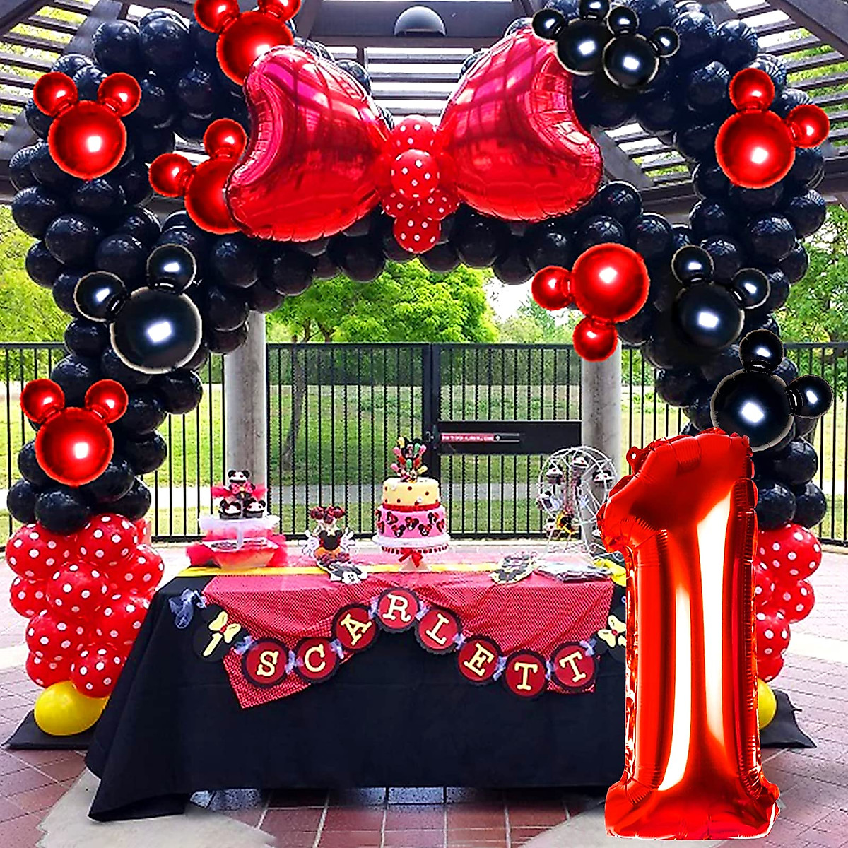 Cadeya Mouse Number 1 Birthday Balloons, 40”Black Red Aluminum Foil Balloons for Mouse Clubhouse 1st Birthday Party, Kids Theme Party Decoration Supplies