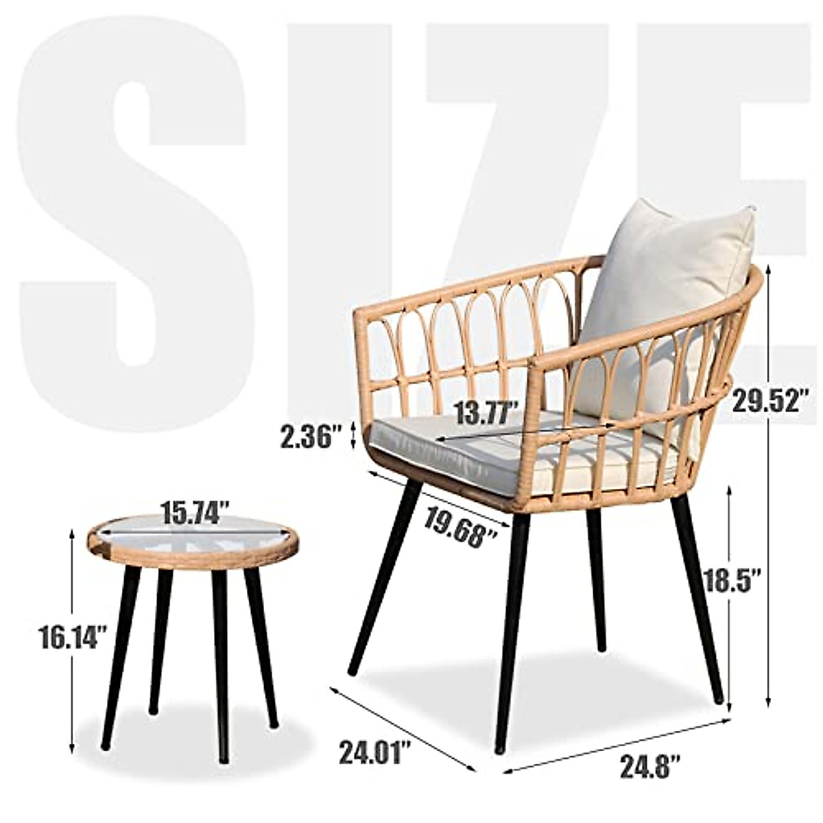 SoarFlash 3 Pieces Outdoor Wicker Bistro Set Rattan Conversation Set with Coffee Table, Patio Chair Set for Lawn, Garden,Backyard, Beige