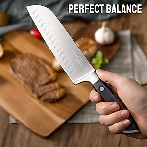OAKSWARE 7" Santoku Knife, Razor Sharp Kitchen Cutting Chopping Chef Knife, Professional High Carbon German Steel Cooking Knife for Meat, Vegetables, and Fruits