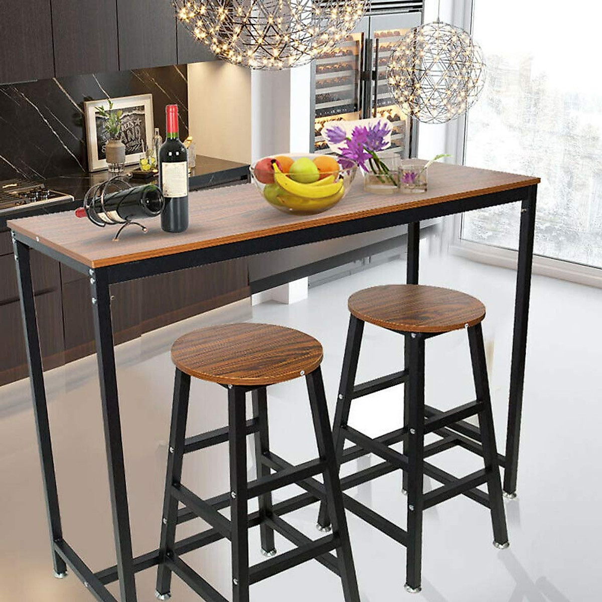 Thaweesuk Shop New Light Brown 3 Pcs. Wood Pub Bar Table Chair Counter Height Kitchen Dining Set Home Office Furniture Particleboard Metal 47.2" L x 15.7" W x 39.4" H