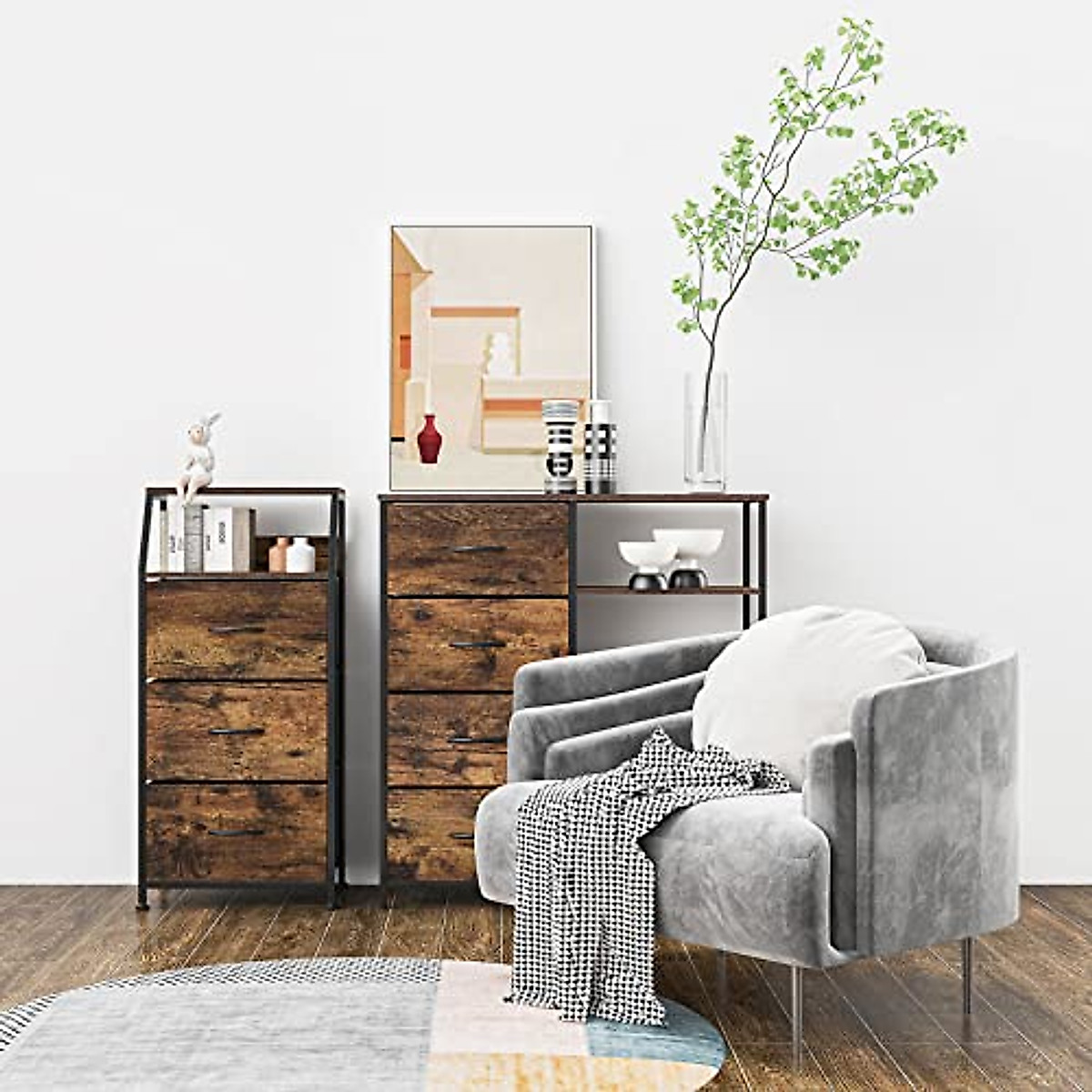 USJRAO Wood Veneer Fabric Dresser with 3 Drawers and Shelves Chests of Drawers Organizers Uint Storage Tower Side Table for Closet Bedroom Living Room Kitchen Entryway Steel & Rustic Brown