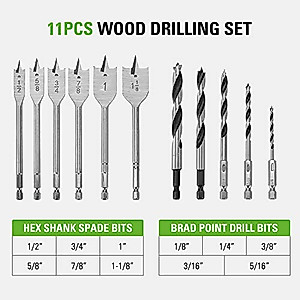Greenworks 11 Pcs Wood Drilling Set for Woodworking, Plywood, Particle board, Fiberboard (Including Hex Shank Spade Bits & Brad Point Drill Bits)