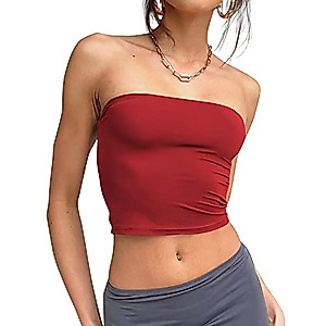Trendy Queen Strapless Tops for Women Sexy Tube Bandeau Basic Backless Crop Tops Cute Summer Outfits 2023 Sleeveless Slim Fit Stretchy Y2k Shirts Teen Girls Red