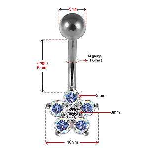 Black CZ Crystal Gemstone Stylish Studded Flower 925 Sterling Silver Belly Ring Body Jewelry