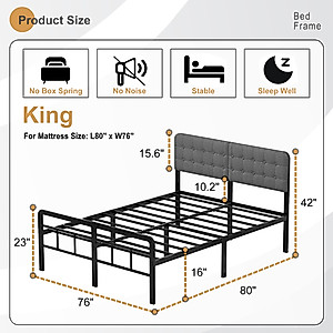 EMODA 16 Inch King Size Bed Frame with Upholstered Headboard and Metal Footboard, Heavy Duty Metal Slats Support Mattress Foundation, No Box Spring Needed, Easy Assembly
