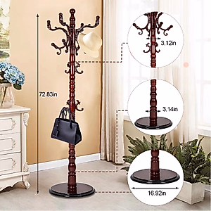 Coat Rack Freestanding, Wooden Coat Rack 14 Hooks, Pure Natural Solid Tree Coat Hanger Stable Disc Base, Adjustable Floor Hanger,for Bedroom Office Hallway Entryway(Mahogany)