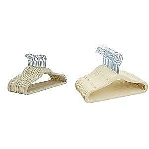 Amazon Basics Kids Velvet, Non-Slip Clothes Hangers, Beige - Pack of 30 & Slim, Velvet, Non-Slip Suit Clothes Hangers, Ivory/Silver - Pack of 30