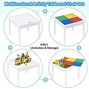 Wooden Kids Activity Table and Chair Set, 4-in-1 Building Blocks-Compatible Desk with Storage for Children and Toddler Drawing Reading Arts Crafts - Colorful
