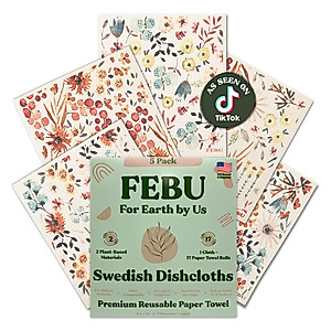 FEBU Swedish Dishcloths for Kitchen | 5 Pack Watercolor Reusable Paper Towels Washable | Swedish Dish Towels | Non-Scratch Cellulose Sponge Cloths | No Odor, Biodegradable Cleaning Cloths