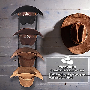 YiSeyruo Cowboy Hat Rack for Wall: Hat Holder for 4 Pieces Cowboy Hats Organizer - Heavy Duty Western Rustic Metal Cowboy Hat Hanger - Space Saving Hat Hook for Sun Hats, Fedora