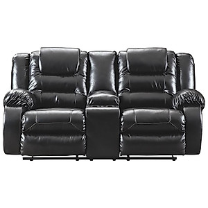 Signature Design by Ashley Vacherie Faux Leather Manual Pull-Tab Double Reclining Loveseat with Center Console, Black