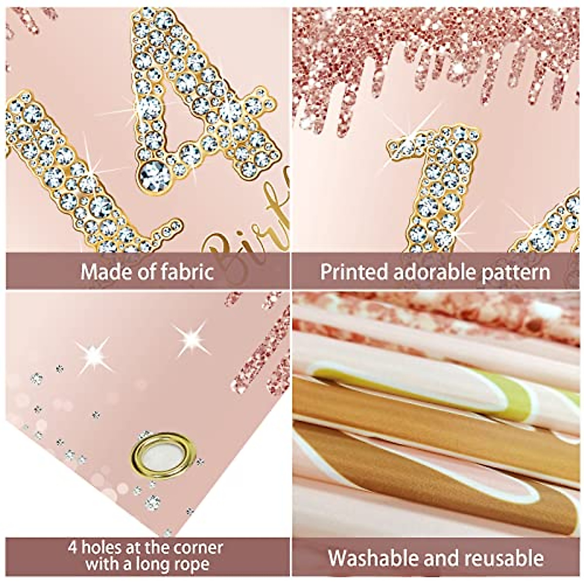 Happy 14th Birthday Banner Backdrop Decorations for Girls, Rose Gold 14 Birthday Party Sign Supplies, Pink 14 Year Old Birthday Poster Background Photo Booth Props Decor