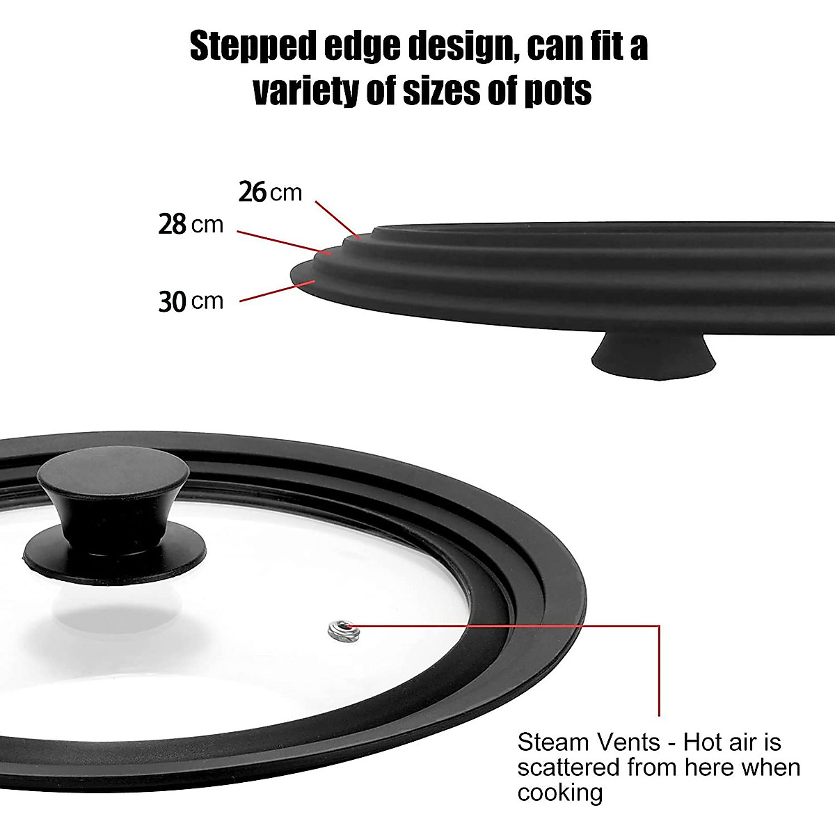 Universal Lid for Pots, Pans and Skillets - Tempered Glass with Heat Resistant Silicone Rim and Heat Resistant Handle Fits 10", 11" and 12" Diameter Cookware, Black