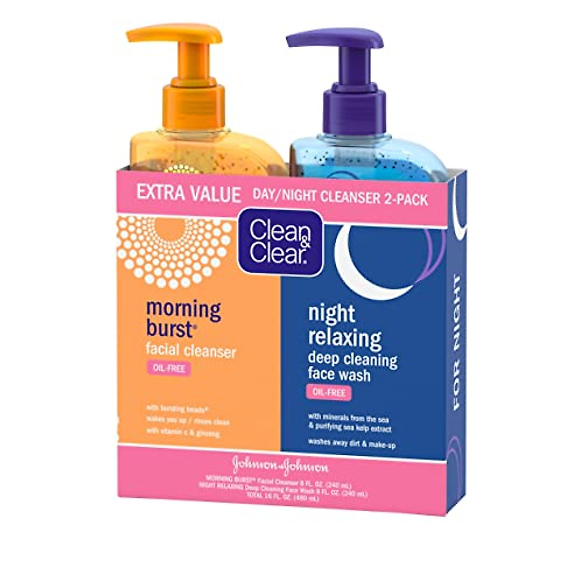 Clean & Clear 2-Pack Day and Night Face Cleanser Citrus Morning Burst Facial Cleanser with Vitamin C and Cucumber, Relaxing Night Facial Cleanser with Sea Minerals, Oil Free & Hypoallergenic Face Wash