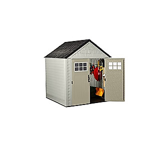Rubbermaid Resin Weather Resistant Outdoor Storage Shed, 7 x 7 ft. , Faint Maple/Onyx/Sandstone, for Garden/Backyard/Home/Pool