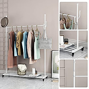 DR.IRON Rolling White Clothing Racks on Wheels,Metal White Clothes Racks with Shelves,Modern Coat Rack freestanding for Organizing Clothes and Shoes,bags,hats