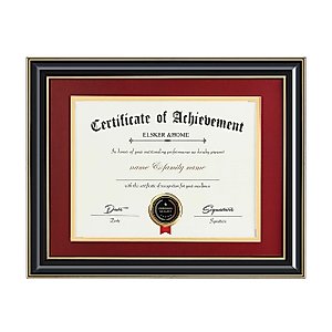ELSKER&HOME 8.5x11 Document Frame - High Gloss Black Wood Color Frame - Made for Certificates Sized 8.5x11 Inch with Mat and 11x14 Inch Without Mat (Double Mat, Red with Golden Rim)