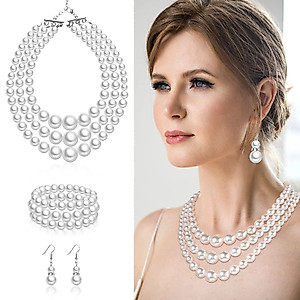 Haysandy 1920s Large Big Pearl Necklace Bracelet and Earring Wedding Faux Pearls Jewelry Set Multi Strand Simulated Pearl Necklace Chunky Pearls Costume Jewelry for Women Girls Bride Gift (White)