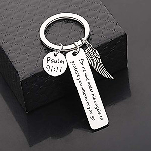 CHOORO Bible Verse Keychain for He Will Order His Angels to Protect You Wherever You Go Religious Jewelry Christian Gift (Keychain)