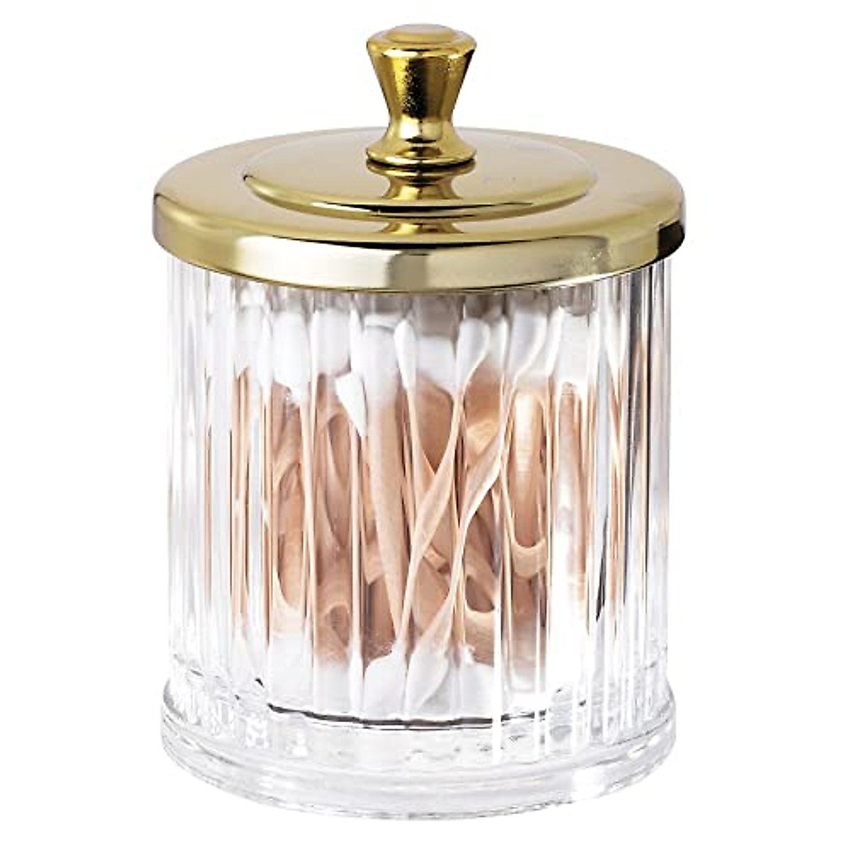 mDesign Fluted Bathroom Vanity Storage Organizer Canister Apothecary Jar for Cotton Swabs, Rounds, Balls, Makeup Sponges, Bath Salts - 2 Pack - Clear/Soft Brass