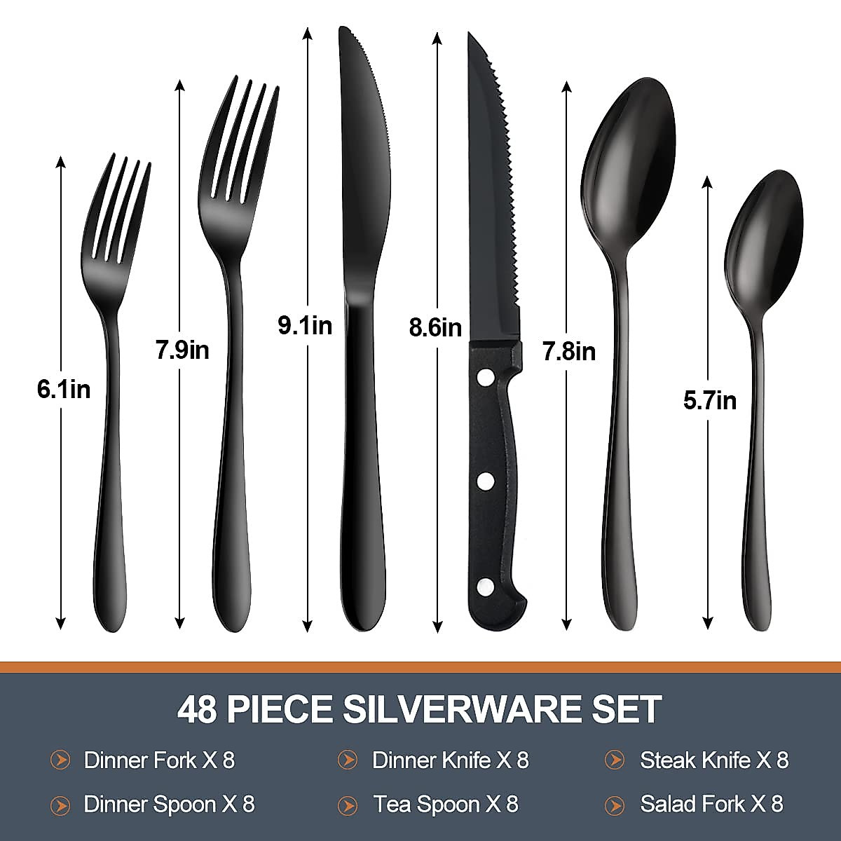 48-Piece Black Silverware Set for 8, Stainless Steel Flatware Cutlery Set with Steak Knives, Stain Finish Kitchen Utensil Tableware Set, Includes Spoons Forks Knives for Home Hotel, Dishwasher Safe