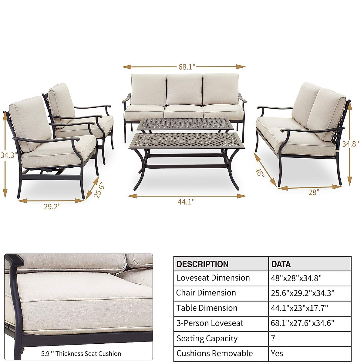 PatioFestival Patio Conversation Set 6 Pieces Metal Outdoor Furniture Seating Sets with Beige Thick Cushions, Rocking Chairs & Coffee Table & Loveseat