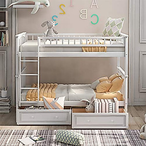 ATH-S Bunk Beds Full Over Full with Drawers, Solid Wood Full Bunk Beds with Ladder for Boys Girls Teens Adults, Gray (Color : Twin White)