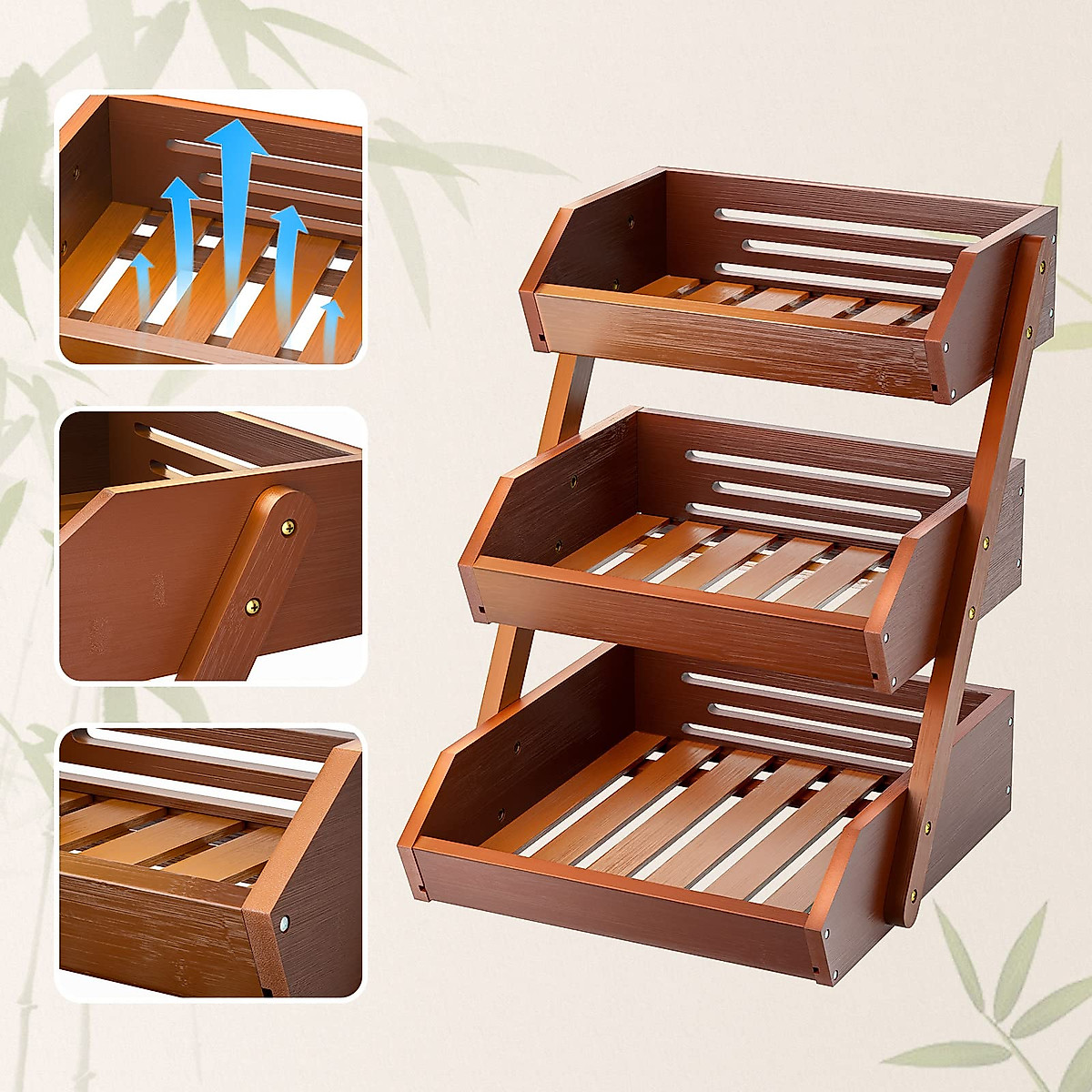 NUTUNI Fruit Basket for Kitchen, 3 Tier Fruit Basket, Bamboo Fruit Basket, Produce Storage, Fruit Holder, Fruit and Vegetable Storage for Potato, Onion, Bread and Snack -Brown (Self-assembly)